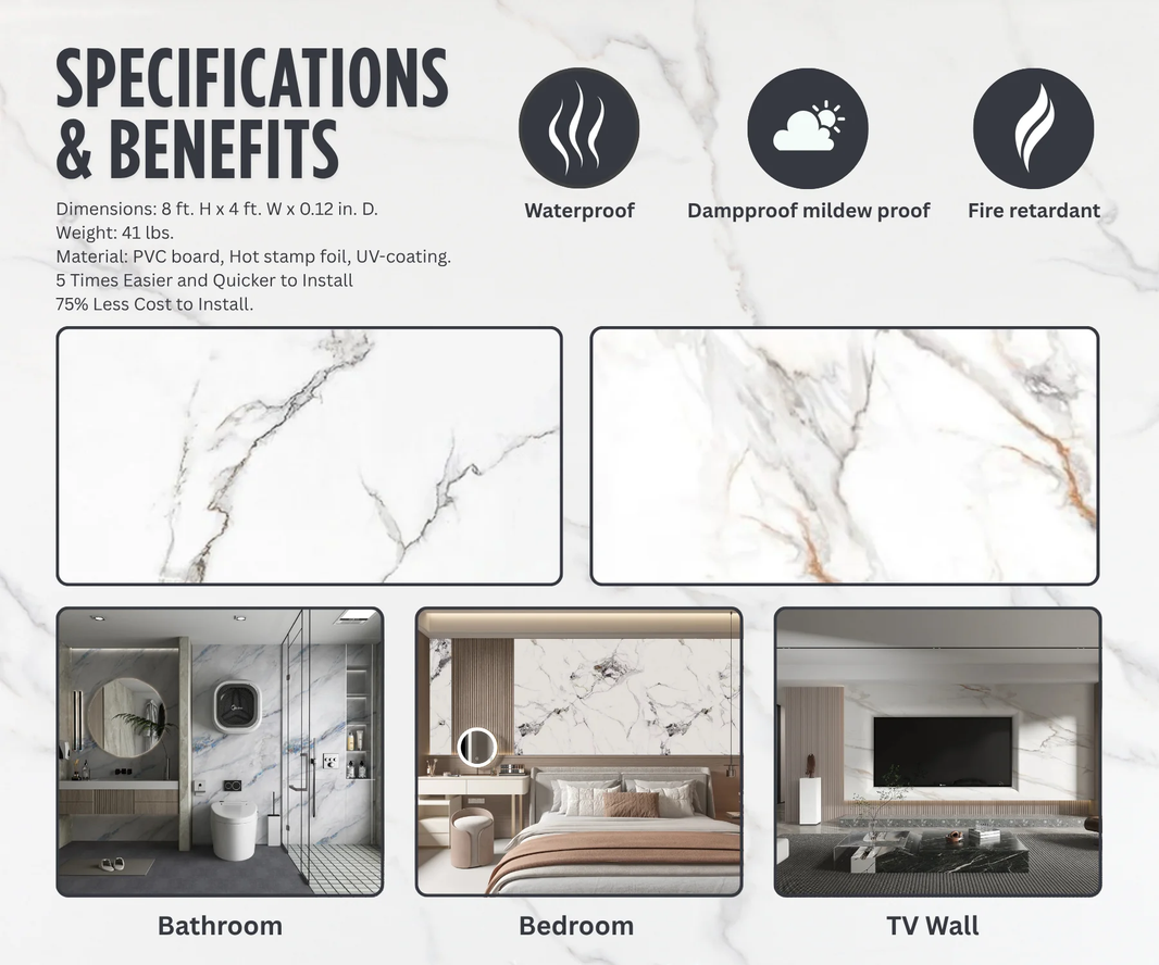 Calacatta White Marble PVC Wall Panel 8x4 - Fireproof, Waterproof ...