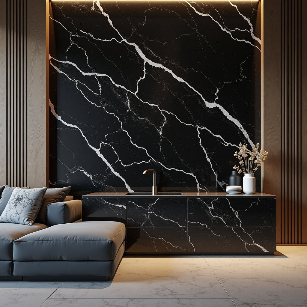 Deep Black Marble PVC Wall Panel 8x4 - Fireproof, Waterproof - Only $79